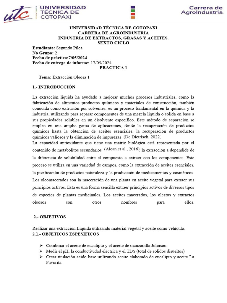 Danilo - Pilca - Practica de Aceite | PDF | Solubilidad | Petróleo
