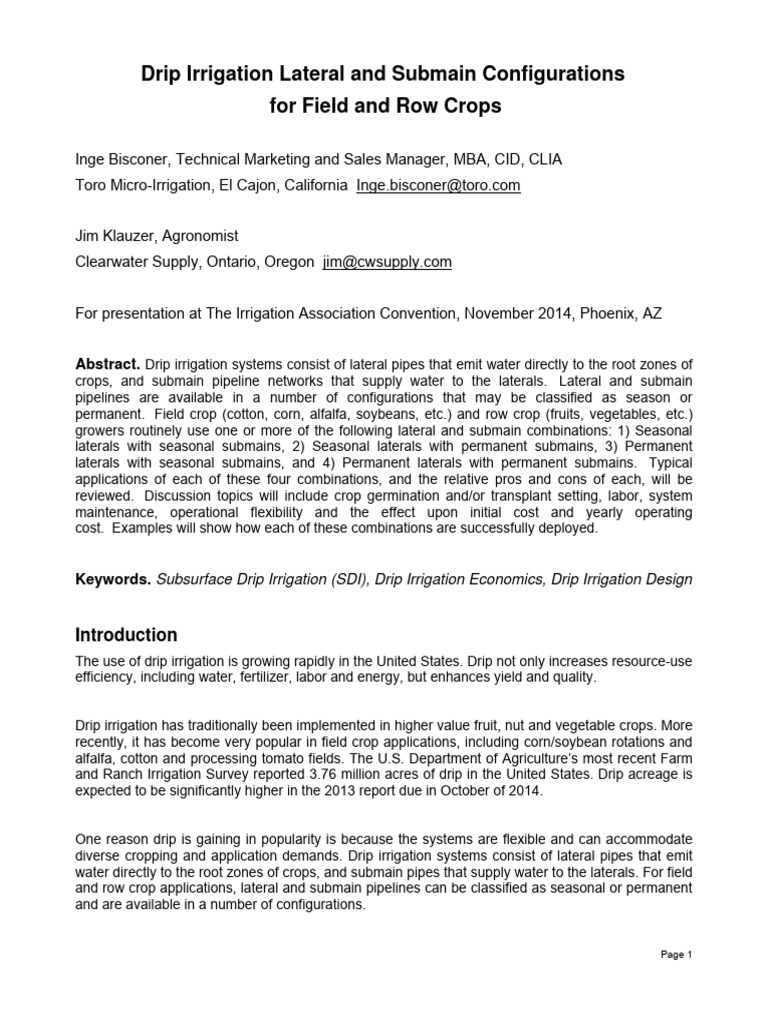 Drip Irrigation Lateral and Submain Configurations For Field and Row ...