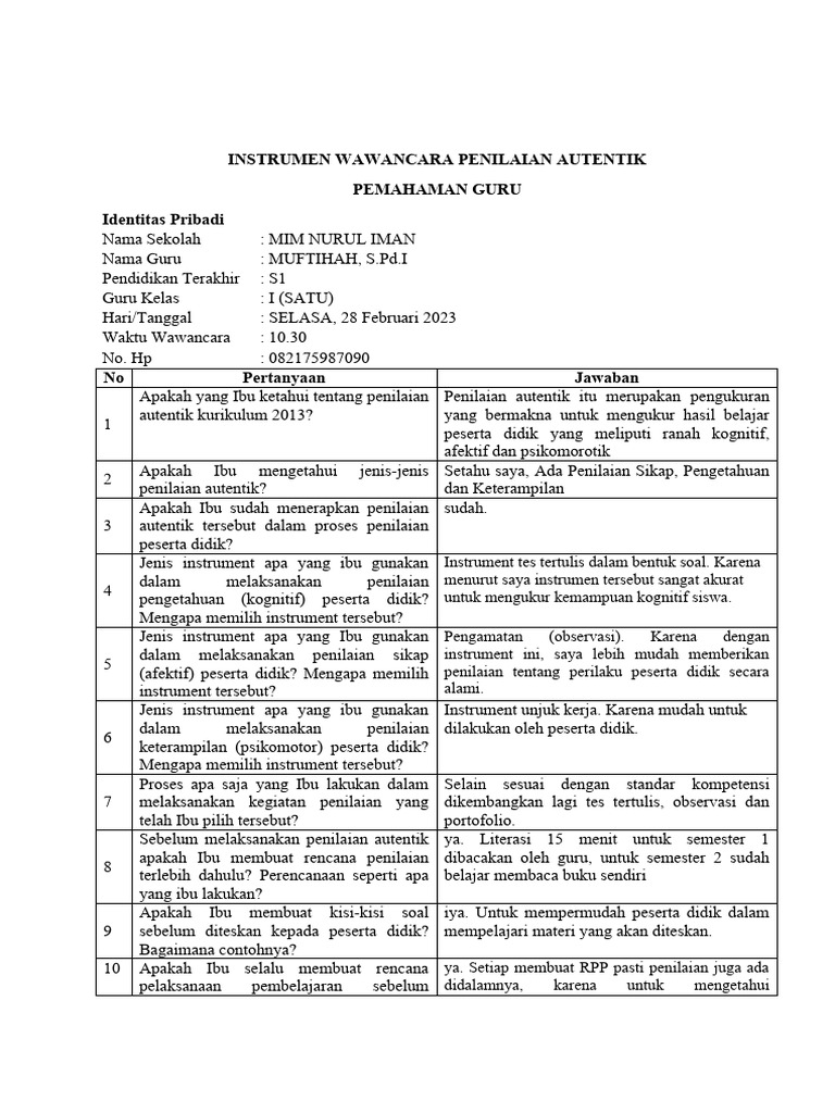 Wawancara Siswa Dan Guru Penilaian Autentik | PDF | Karier ...