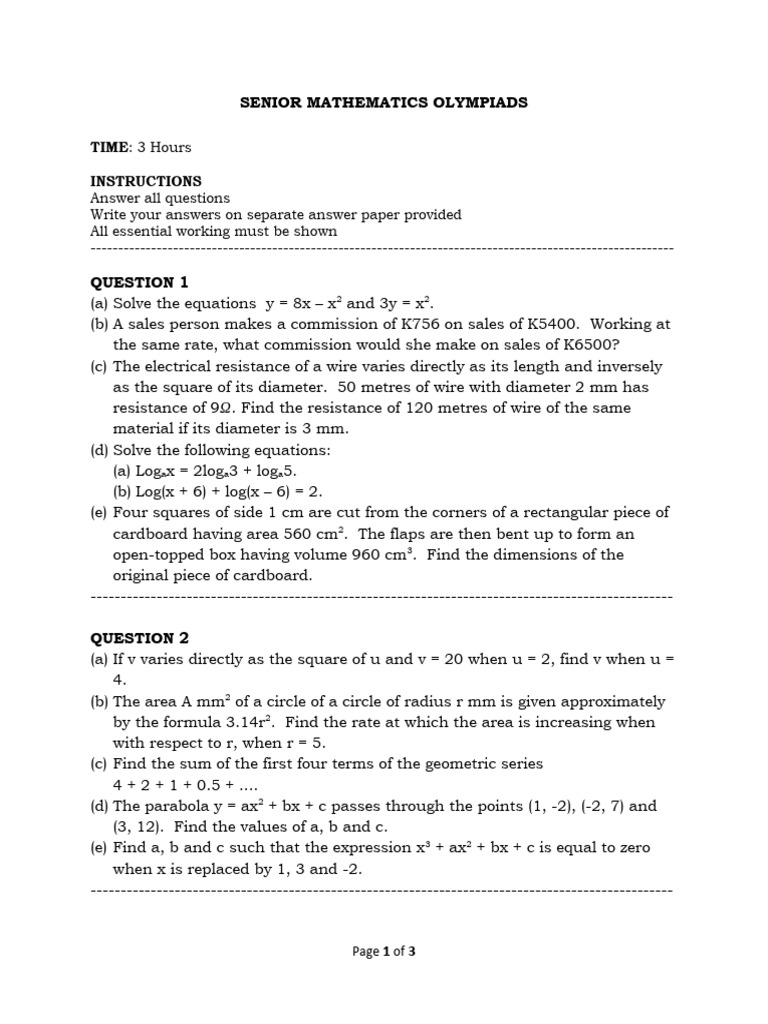 JETS Senior Mathematics Olympiads - Final | PDF | Quadratic Equation | Area