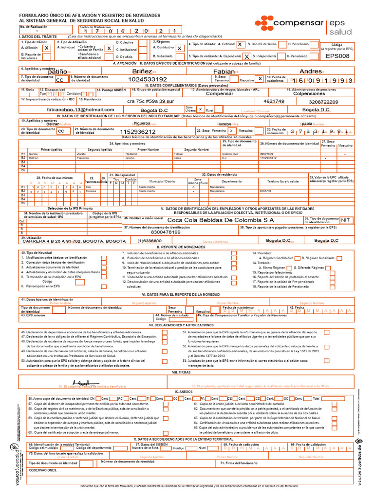 Formato Afiliación Compensar | PDF | Documento de identidad
