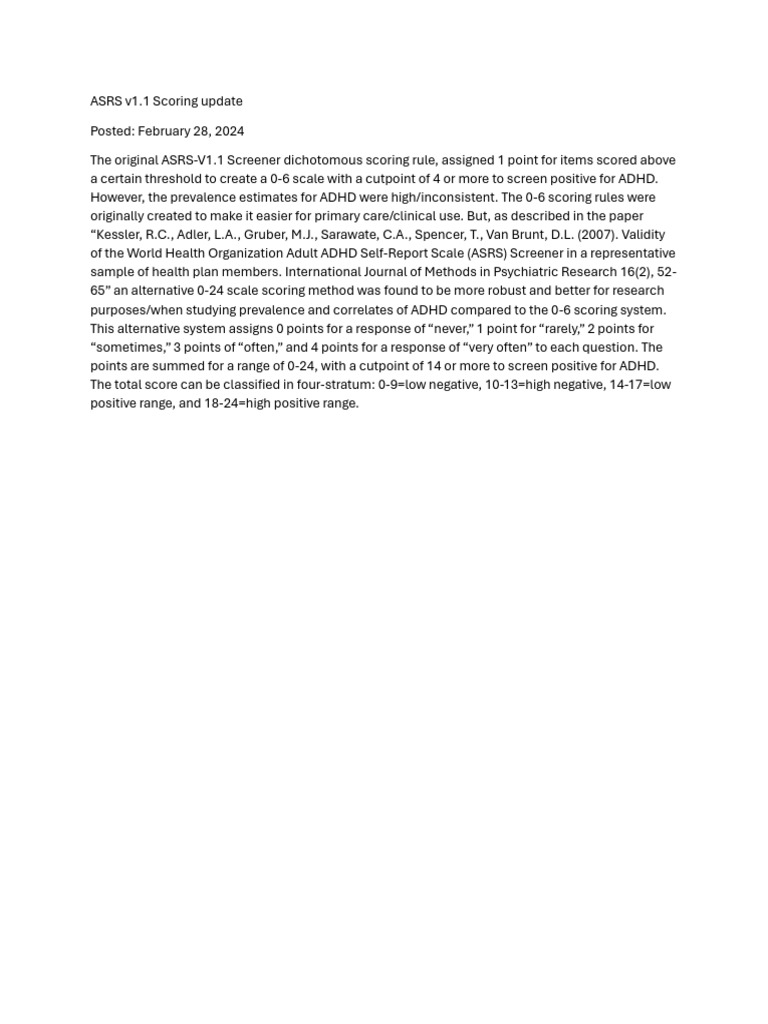 ASRS v1.1 Screener (6Q) Scoring Update-2 | PDF | Self-Improvement | Wellness