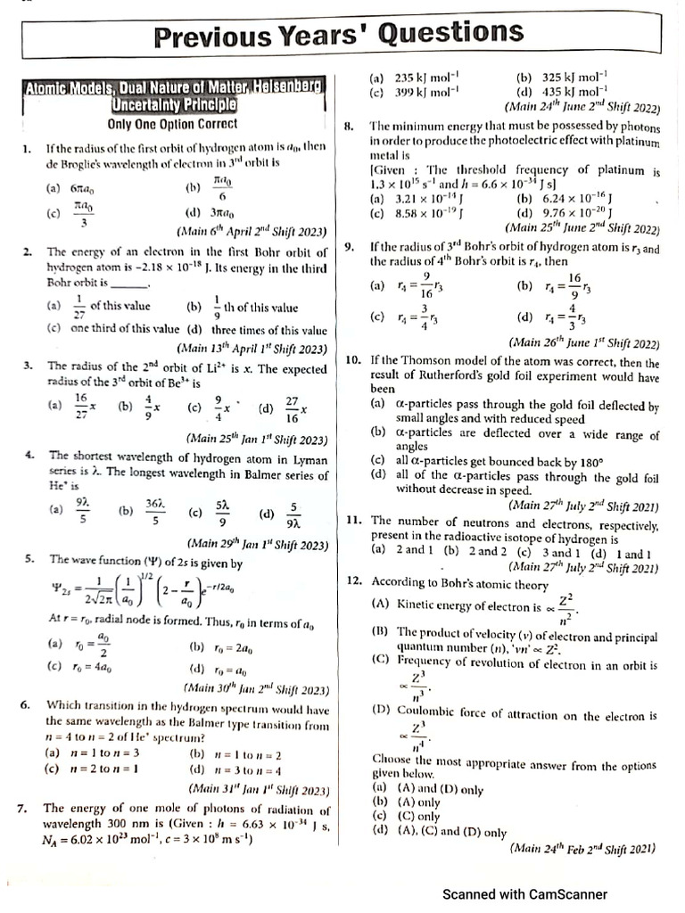 Atomic Structure PYQ JEE Mains | PDF