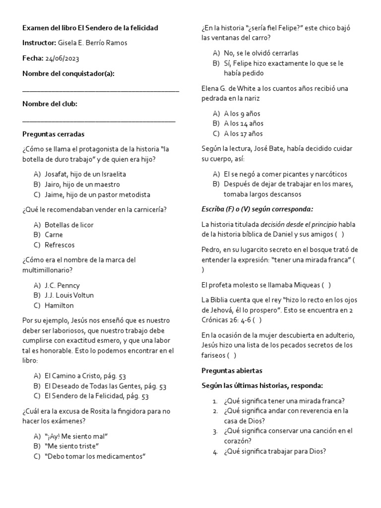 Examen de Los Capítulos 1 y 2 Del Libro El Sendero de La Felicidad ...