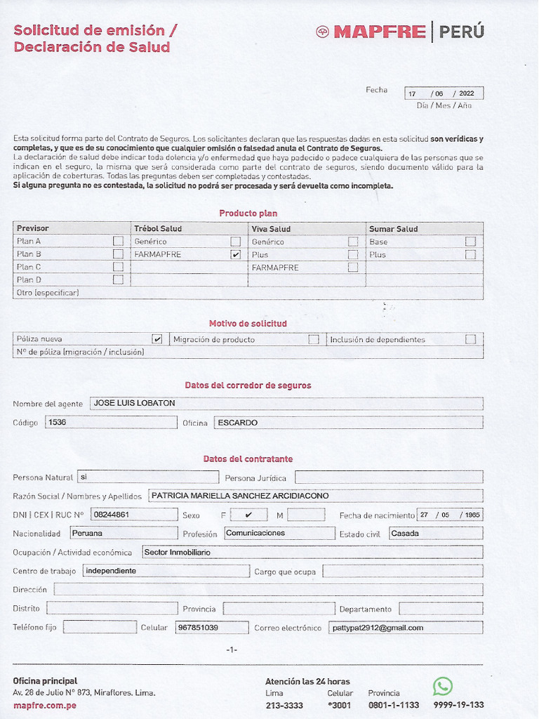 Solicitud de Emision - Declaracion de Salud Mapfre | PDF