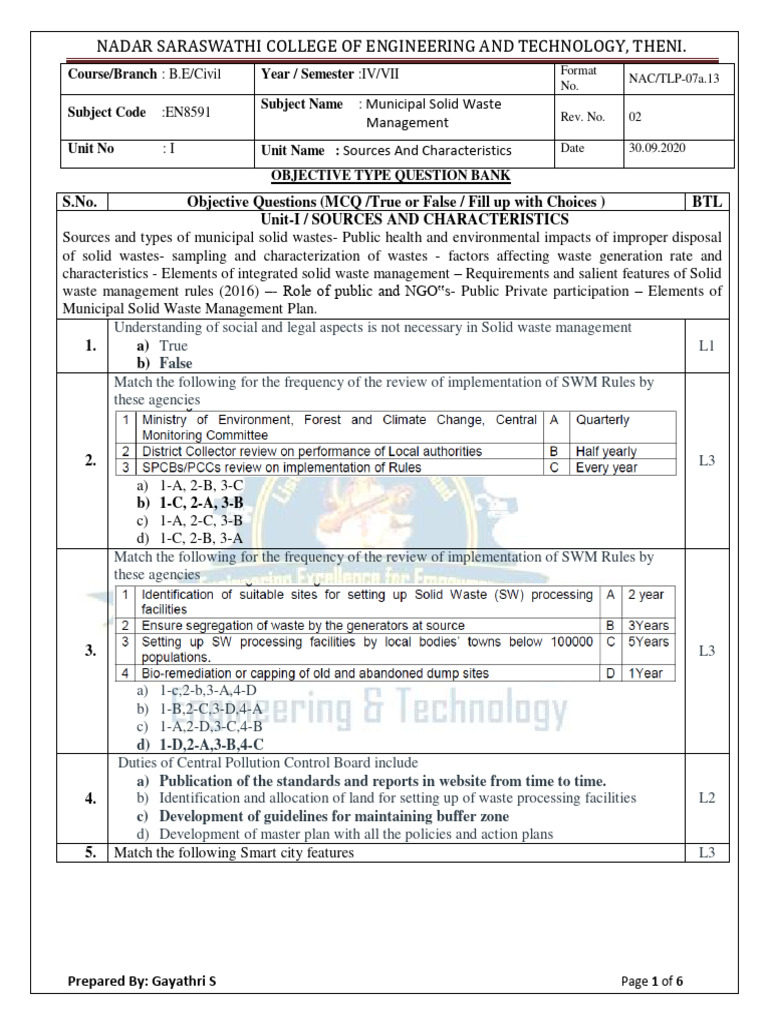 MSWM UNIT I Objective Type Question Bank Website | PDF | Waste ...