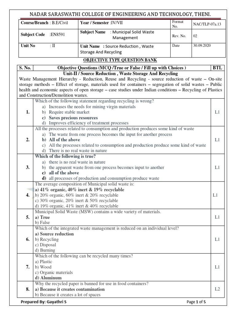 MSWM UNIT II Objective Type Question Bank Website | PDF | Waste | Municipal Solid Waste