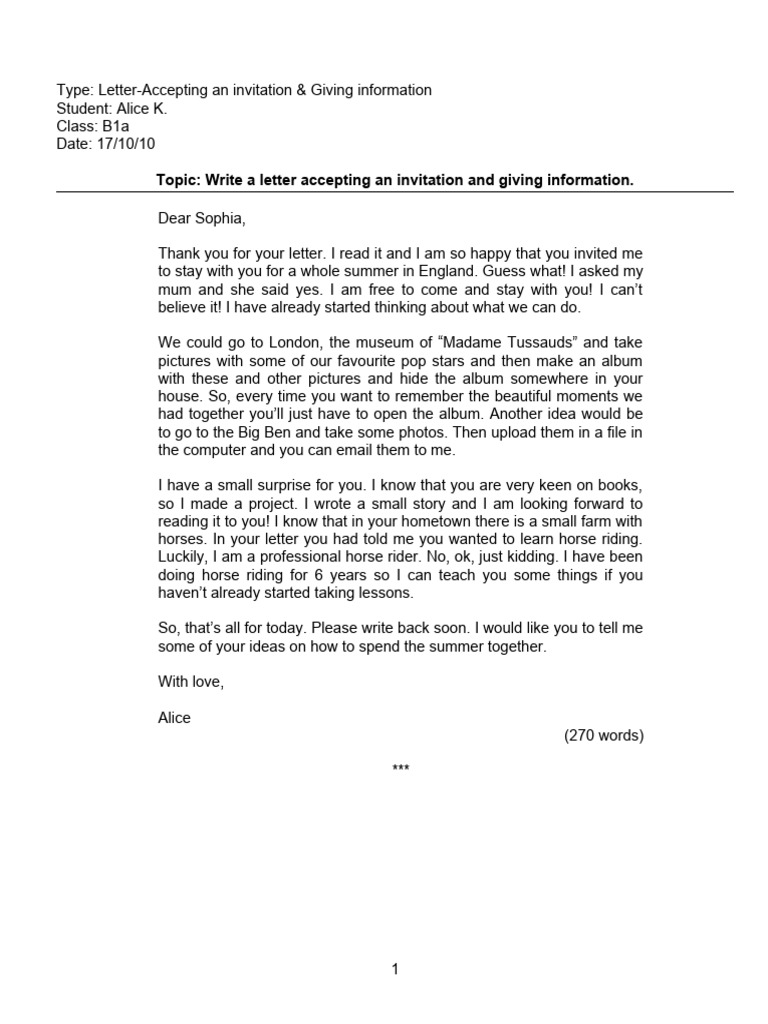 b1 Letter Accepting An Invitation | PDF