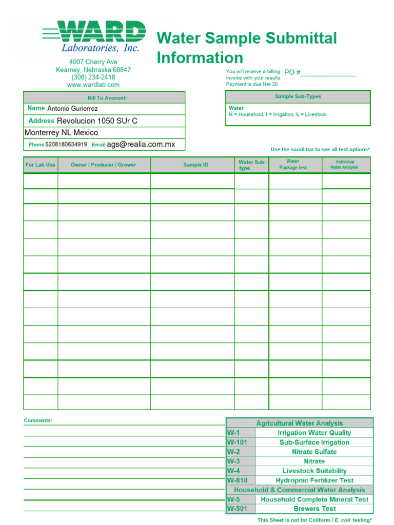 Water Sample Submission Sheet Fillable - 8 - 25 - 2020 1 | PDF