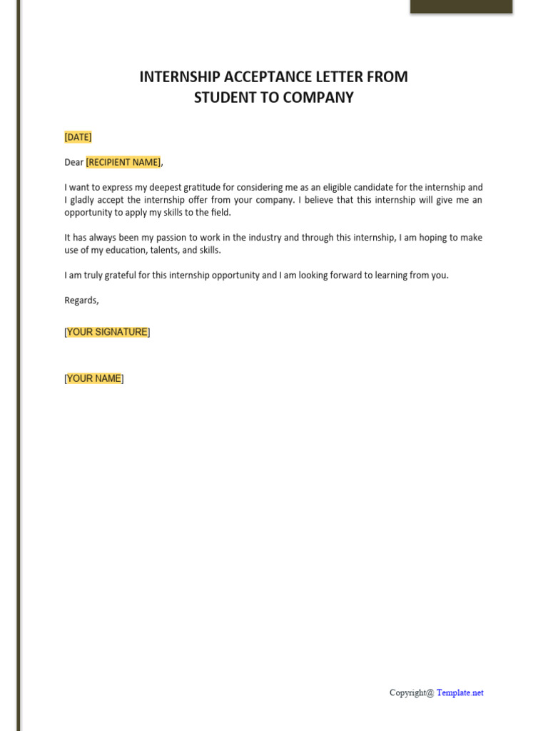 Internship Acceptance Letter From Student To Company US | PDF