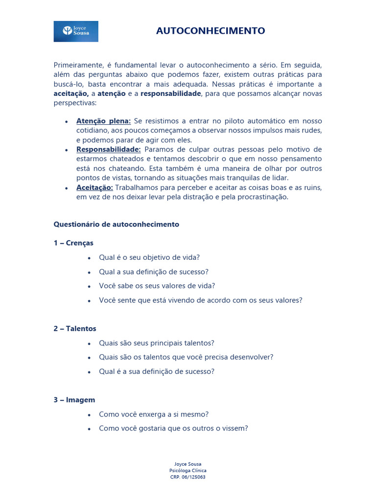 Questionário de Autoconhecimento | PDF | Amor | Psicologia