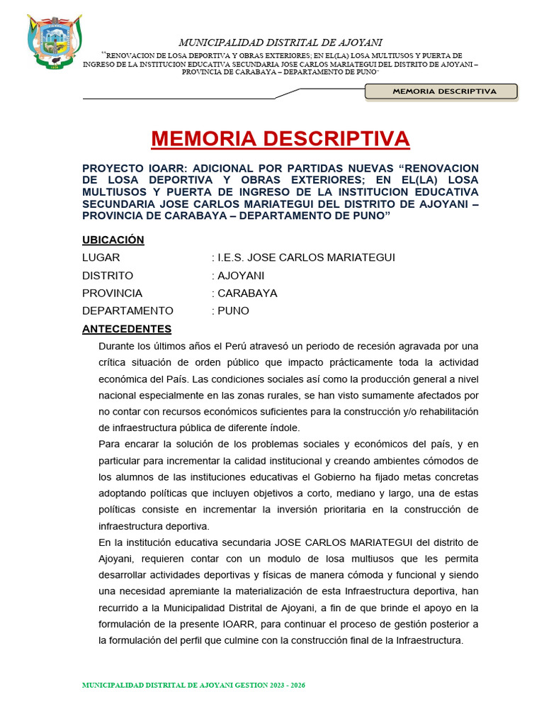 Memoria Descriptiva | PDF | Hormigón | Institución