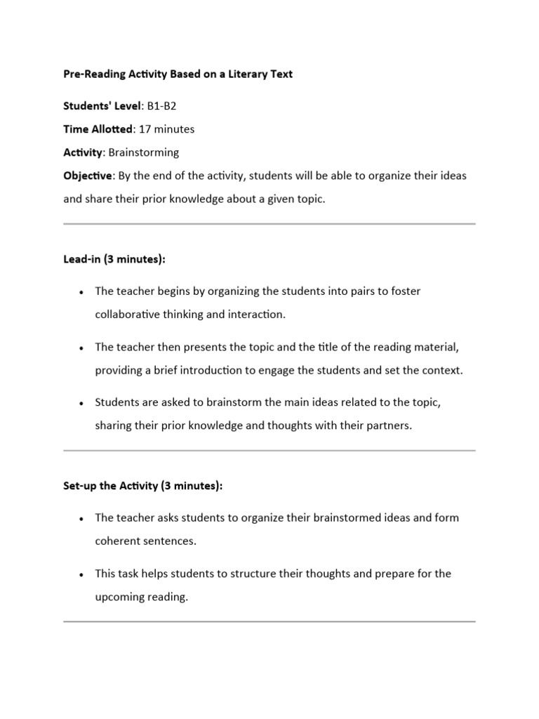 Pre, While, Post Activities | PDF | Brainstorming | Reading Comprehension