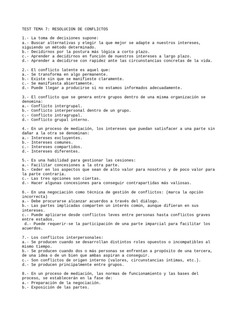 Test Tema 7 Resolución de Conflictos | PDF | Mediación | Negociación