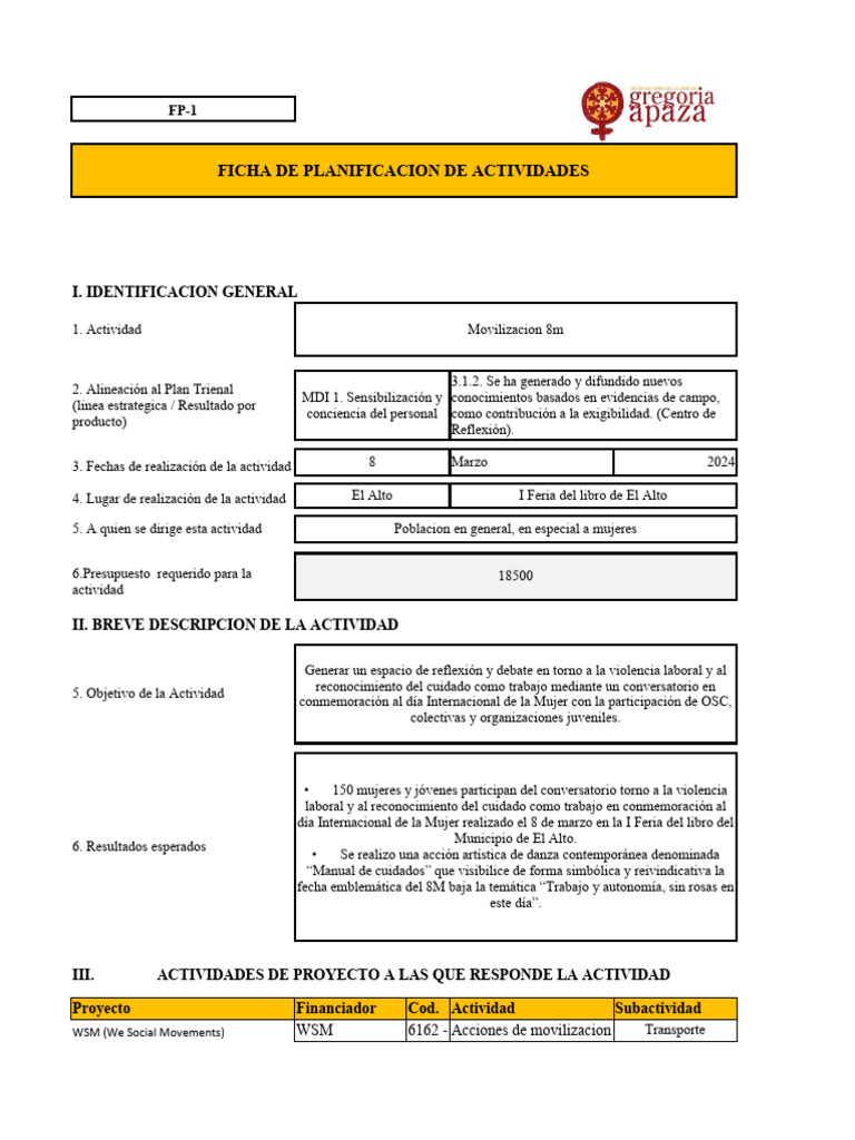 Planificacion y Reporte Del 8m 2024 | PDF | Mujer