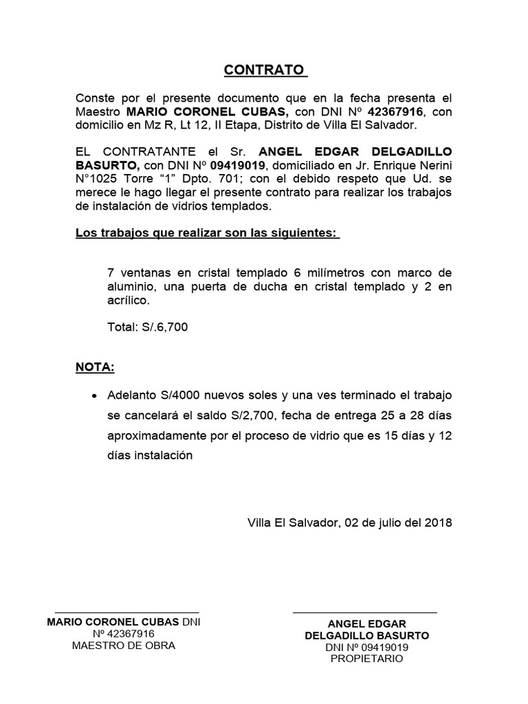 CONTRATO DE TRABAJO DE MANO DE OBRA Y MATERIALES | PDF