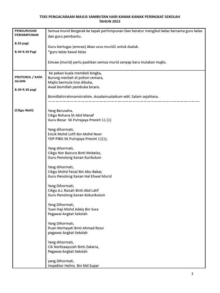 Teks Emcee Sambutan Hari Kanak - Kanak 2022 | PDF