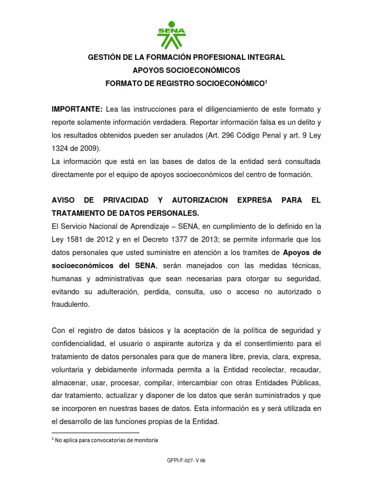 Gfpi-F-027 Formato de Registro Socioeconomico V6 14022022 | PDF | Bases de datos