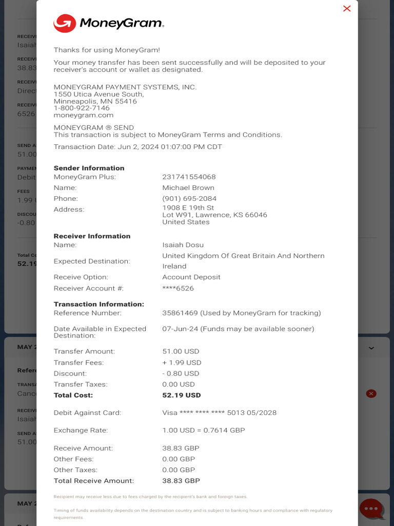 Transactions History - MoneyGram | PDF | Debit Card | Banks