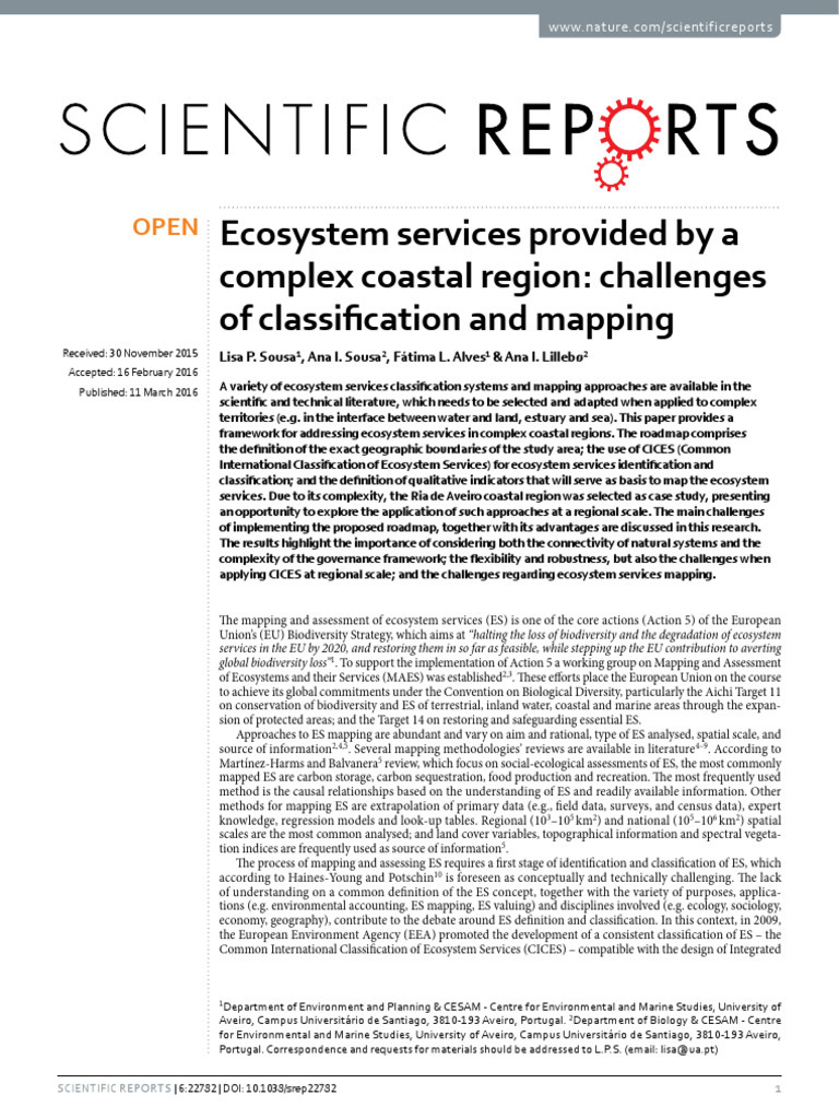Ecosystem Services Provided by A Complex Coastal Region - Challenges of Classification and ...
