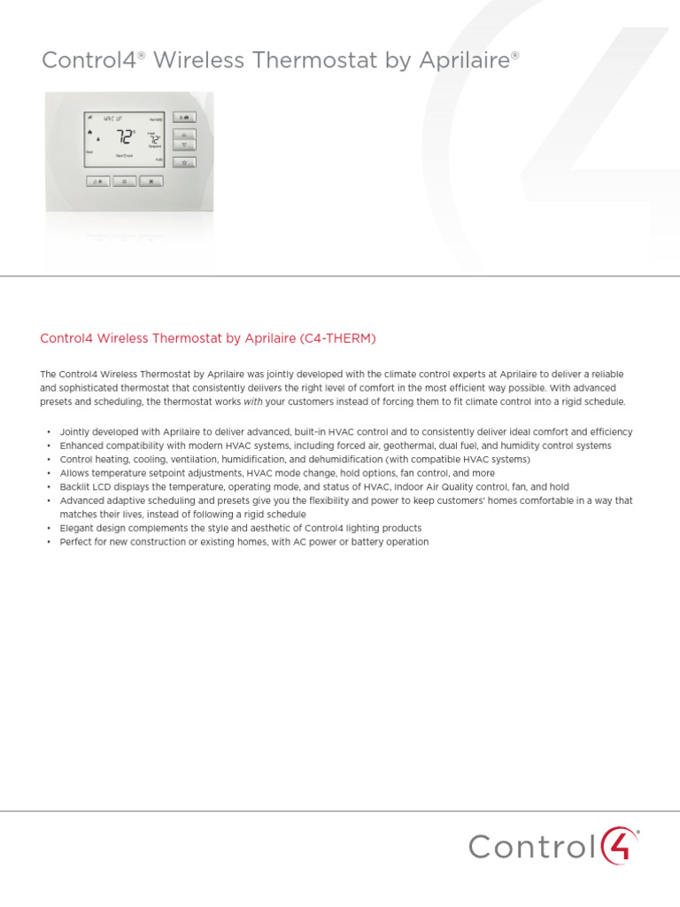 Control4 Wireless Thermostat by Aprilaire Data Sheet Rev A | PDF ...