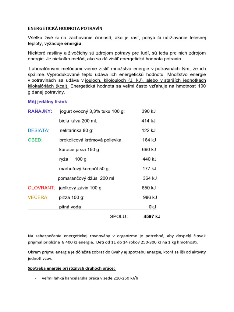 Energetická Hodnota Potravín | PDF