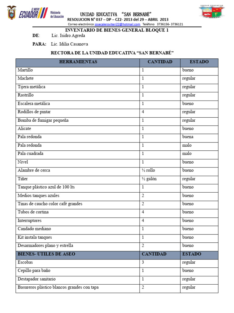 INVENTARIO GENERAL DE BLOQUE 1 2023-2024 | PDF