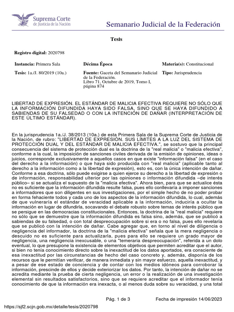 Tesis 2020798 | PDF | Libertad de expresión | Caso de ley