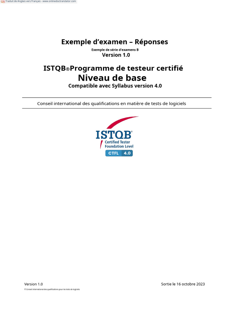 Exemple d'examen ISTQB Fondation B | PDF | Test de logiciel | Logiciel