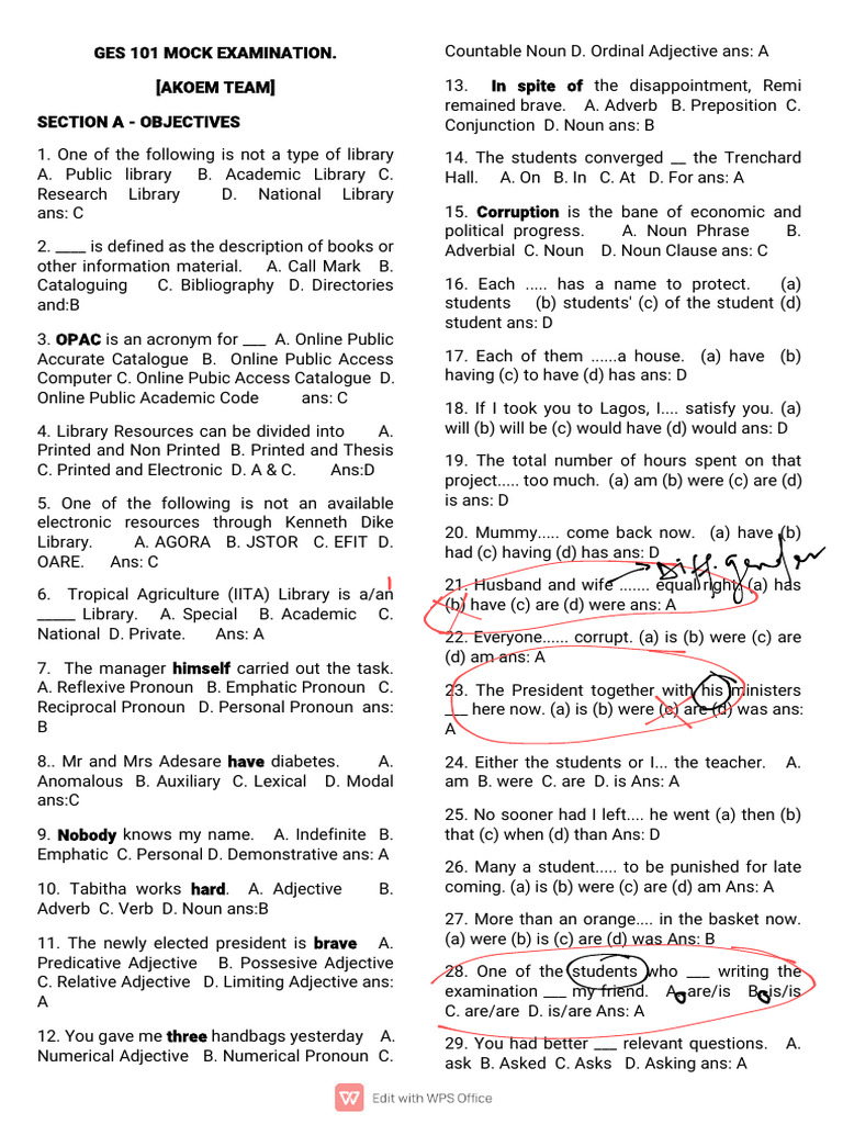 GES 101 MOCK Answers | PDF | Morphology | Semantics