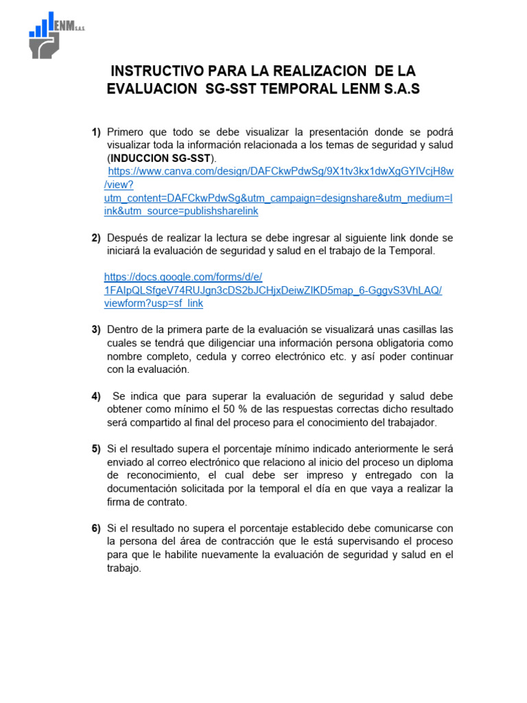 INSTRUCTIVO PARA LA REALIZACION DE LA EVALUACION SG-SST TEMPORAL LENM S ...