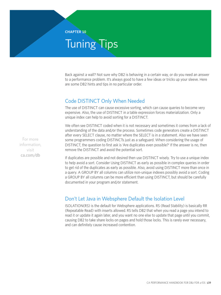 +1. CA Performance Handbook For DB2 For zOS - CHAPTER 10 - Tuning Tips | PDF | Database Index | Sql