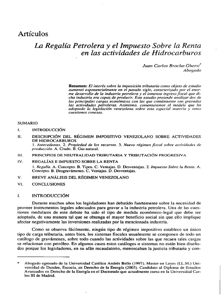 Juan Carlos Bracho Ghersi - La Regalía Petrolera y El Impuesto Sobre La Renta en Las Actividades ...