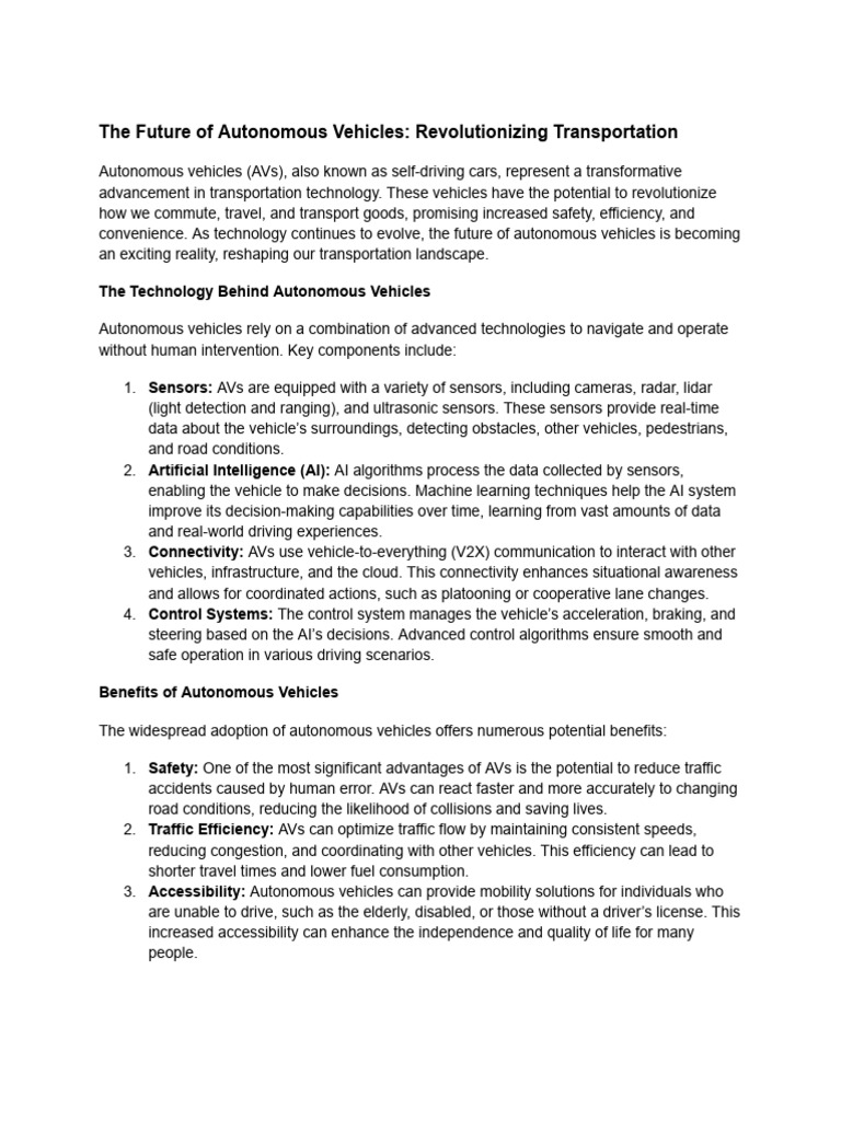 Future of Autonomous Vehicles Explained | PDF | Artificial Intelligence ...