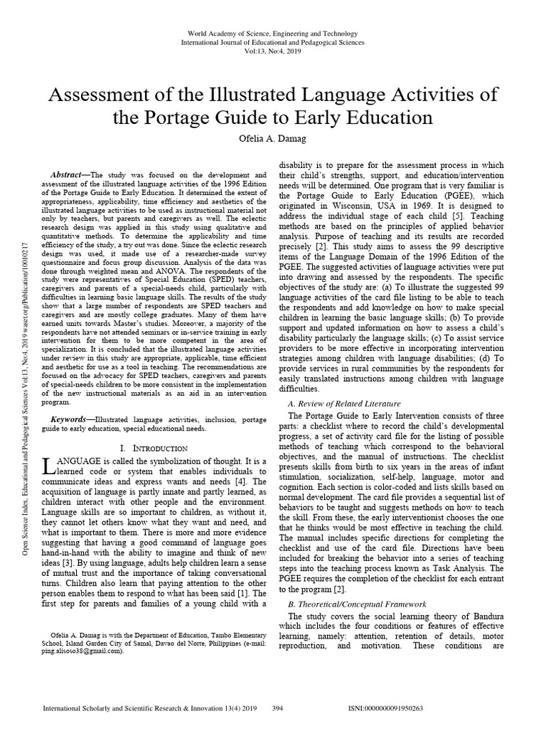 Assessment of the Illustrated Language Activities of the Portage Guide to Early Education ...