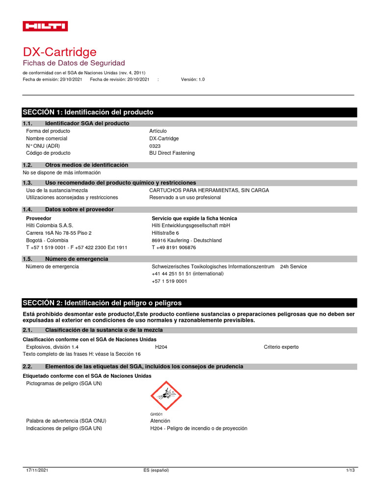 SDS H CO Es 01-00 000000001758 DX-Cartridge UN0323 | PDF | Agua ...