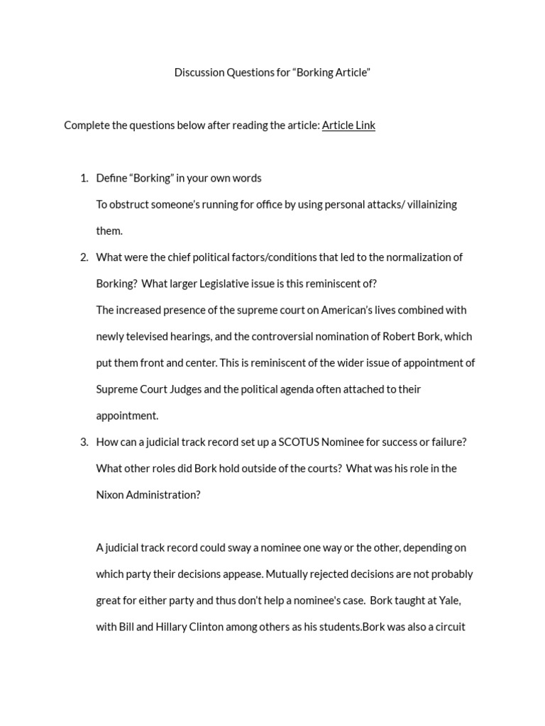 Discussion Questions For "Borking Article" | PDF | Supreme Court Of The ...