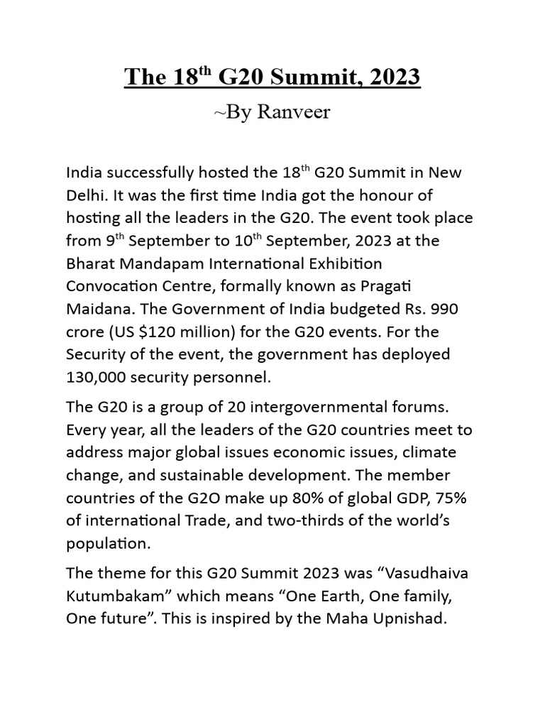 G20 Summit 2023 Project English class 12 | PDF