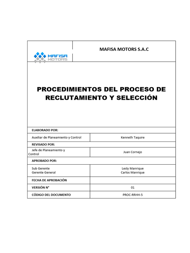 Procedimientos de Reclutamiento y Selección_V1.0 | PDF | Gestión de recursos humanos | Reclutamiento