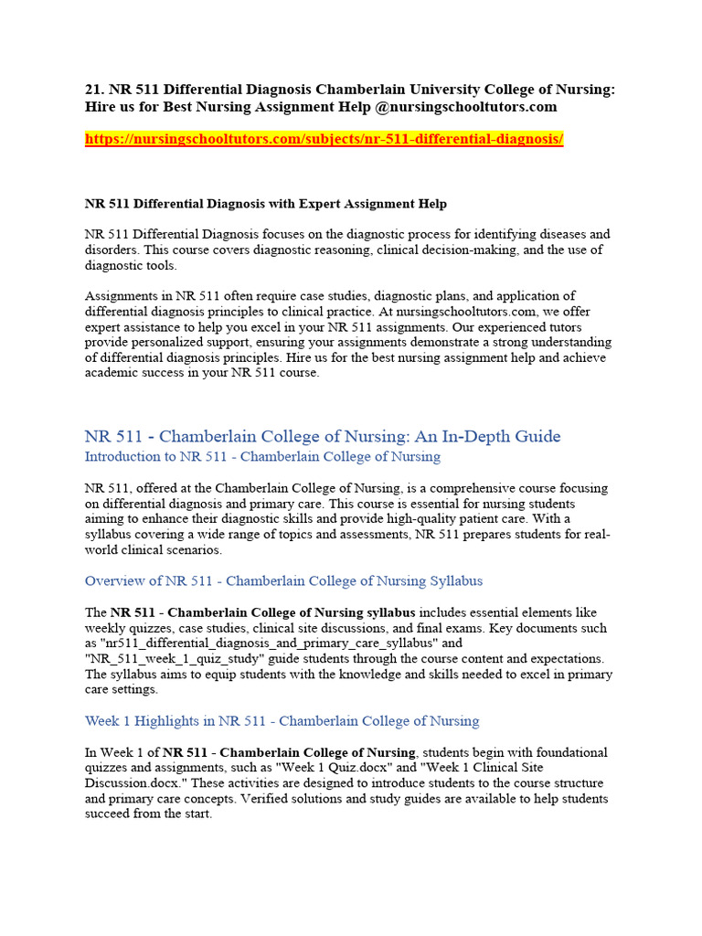 NR 511 Differential Diagnosis Chamberlain University College of Nursing ...