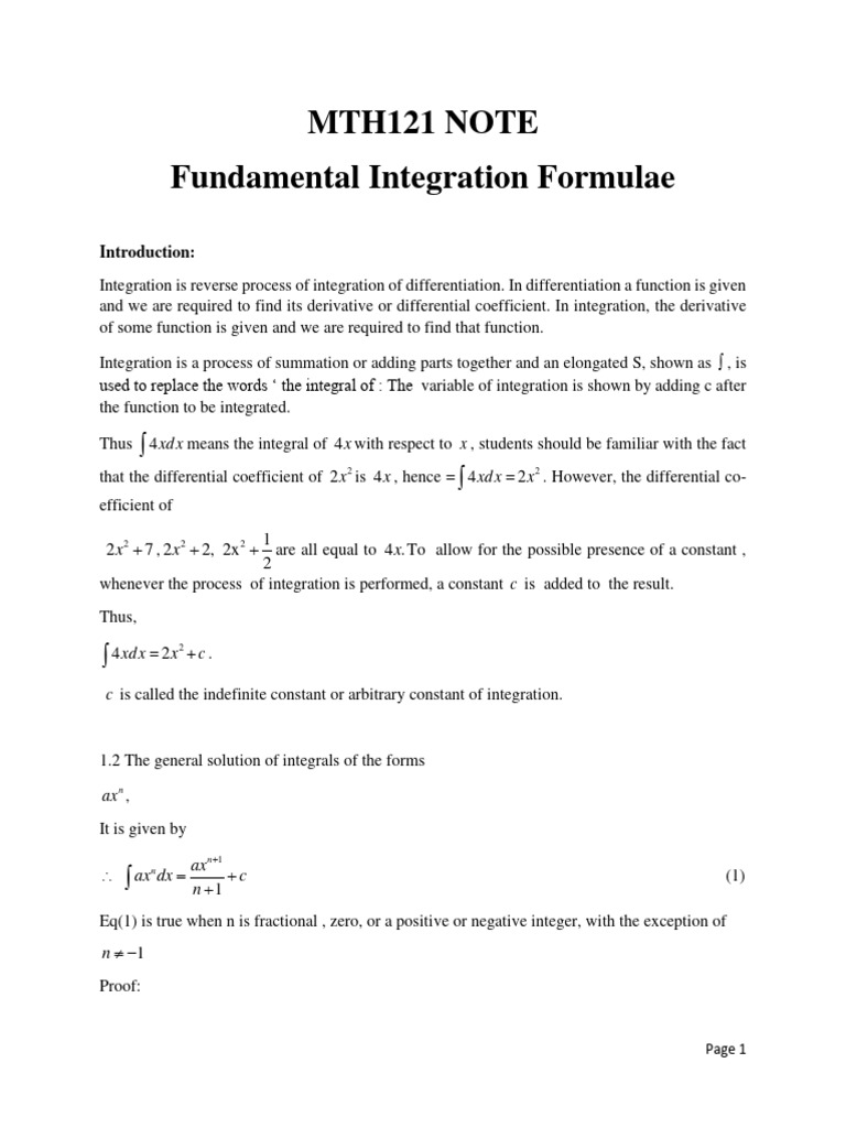 MTH121 NOTE1 | PDF | Integral | Function (Mathematics)