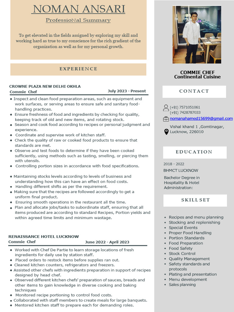 Noman Resume | Download Free PDF | Chef | Kitchen