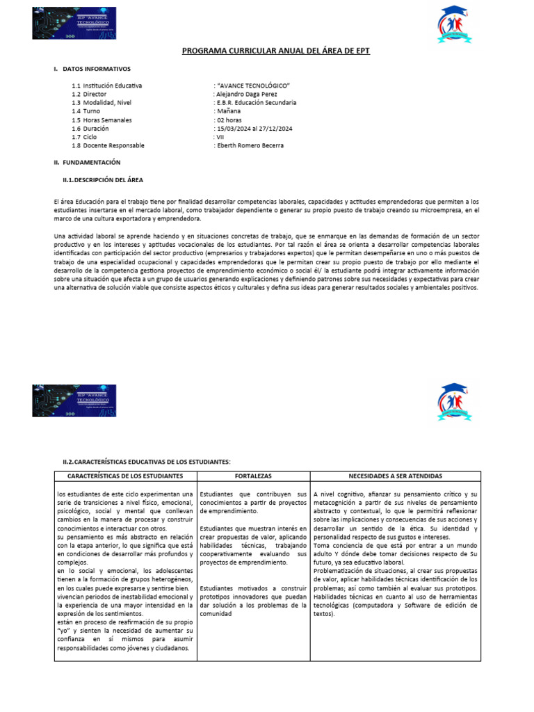 Planificación Anual EPT 3º y 4º Secundaria MInt avance tecnologico | PDF | Aprendizaje ...
