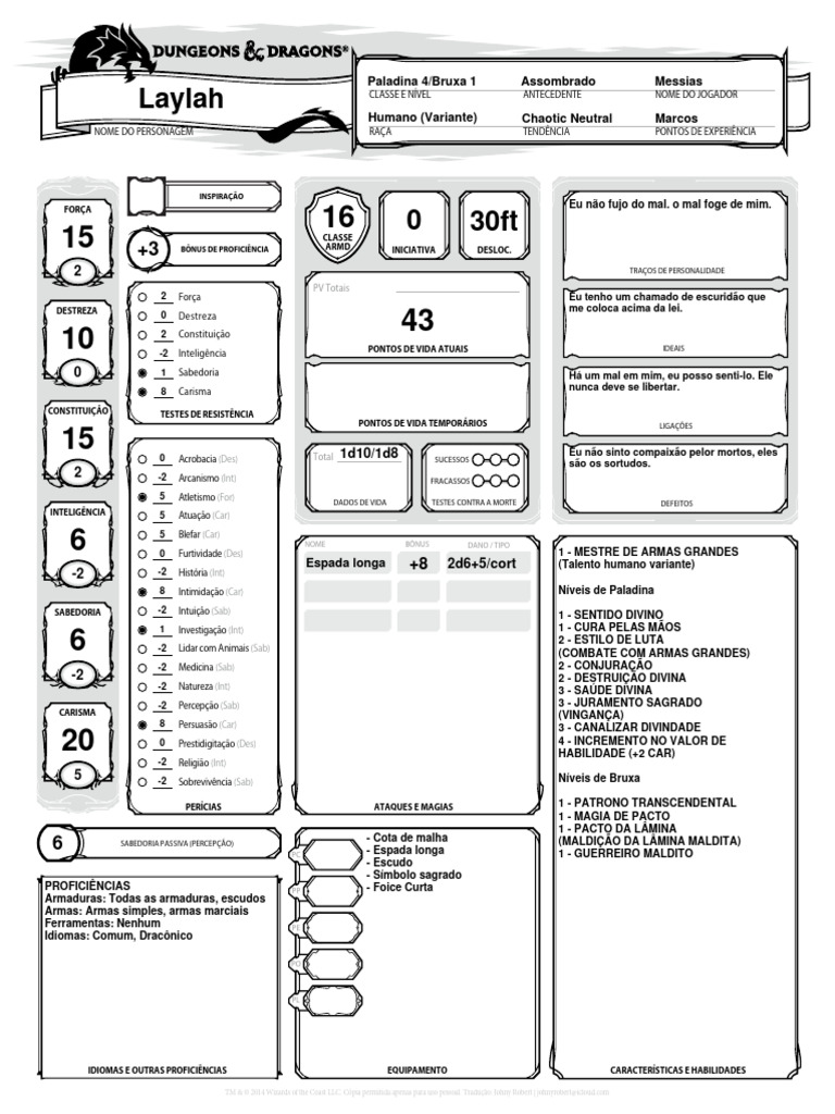 Ficha de Personagem: Laylah, Paladina e Bruxa | PDF