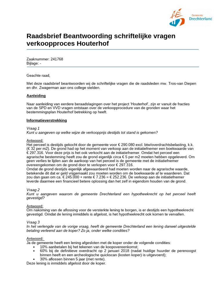 Raadsbrief Beantwoording Schriftelijke Vragen Verkoopproces Houterhof | PDF