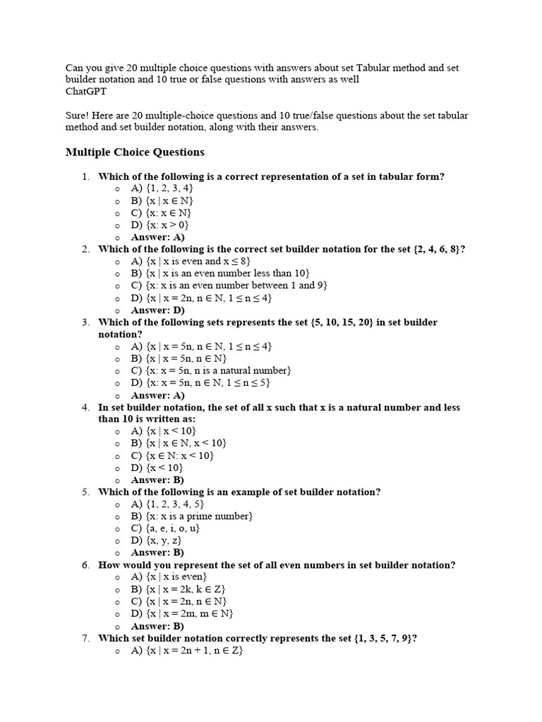 Can You Give 20 Multiple Choice Questions With Answers About Set Tabular Method and Seell | PDF ...