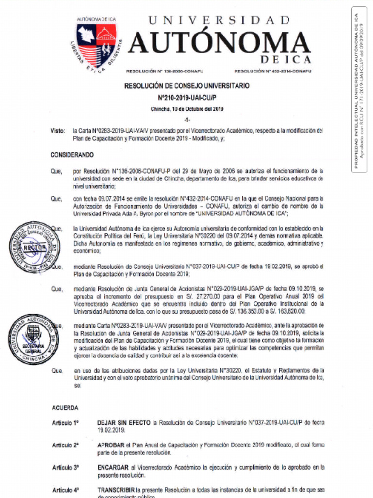 Rcu-N-210-2019 Plan Anual de Capacitacion y Formacion Docente 2019 | PDF