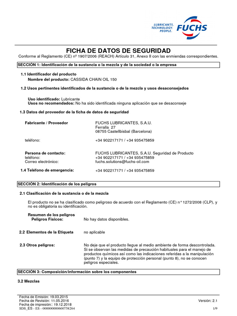 Ficha de Seguridad: Cassida Chain Oil 150 | PDF | Agua | Ventilación ...
