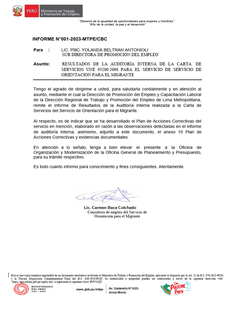 Anexo de La H.E.N° 0174-2023 INFORME N°001-2023-MTPE-CBC PDF | PDF | Auditoría