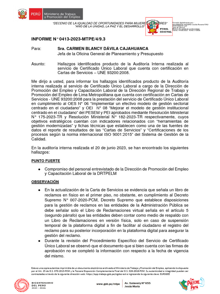 INFORME 0413-2023-Hallazgos Identificados Producto de La Auditoría Interna Realizada Al Servicio ...